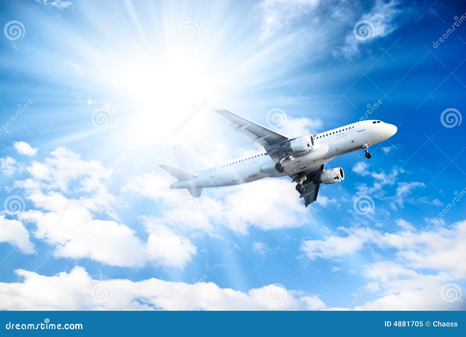 Airplane on Blue Sky and Bright Sun Background Stock Image - Image of ...