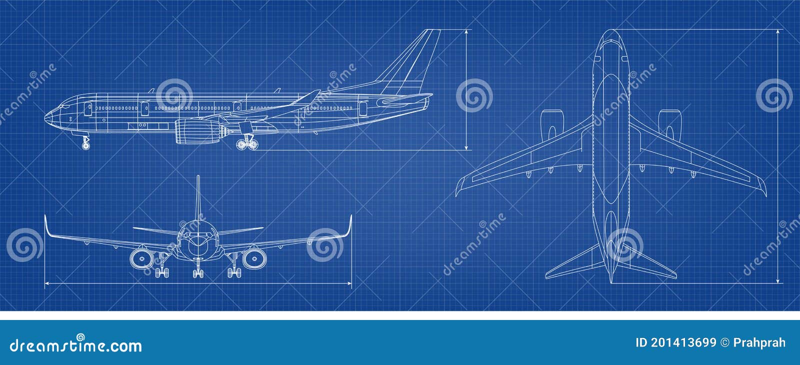Airplane Blueprint. White Outline Aircraft on Blue Stock Image - Image ...