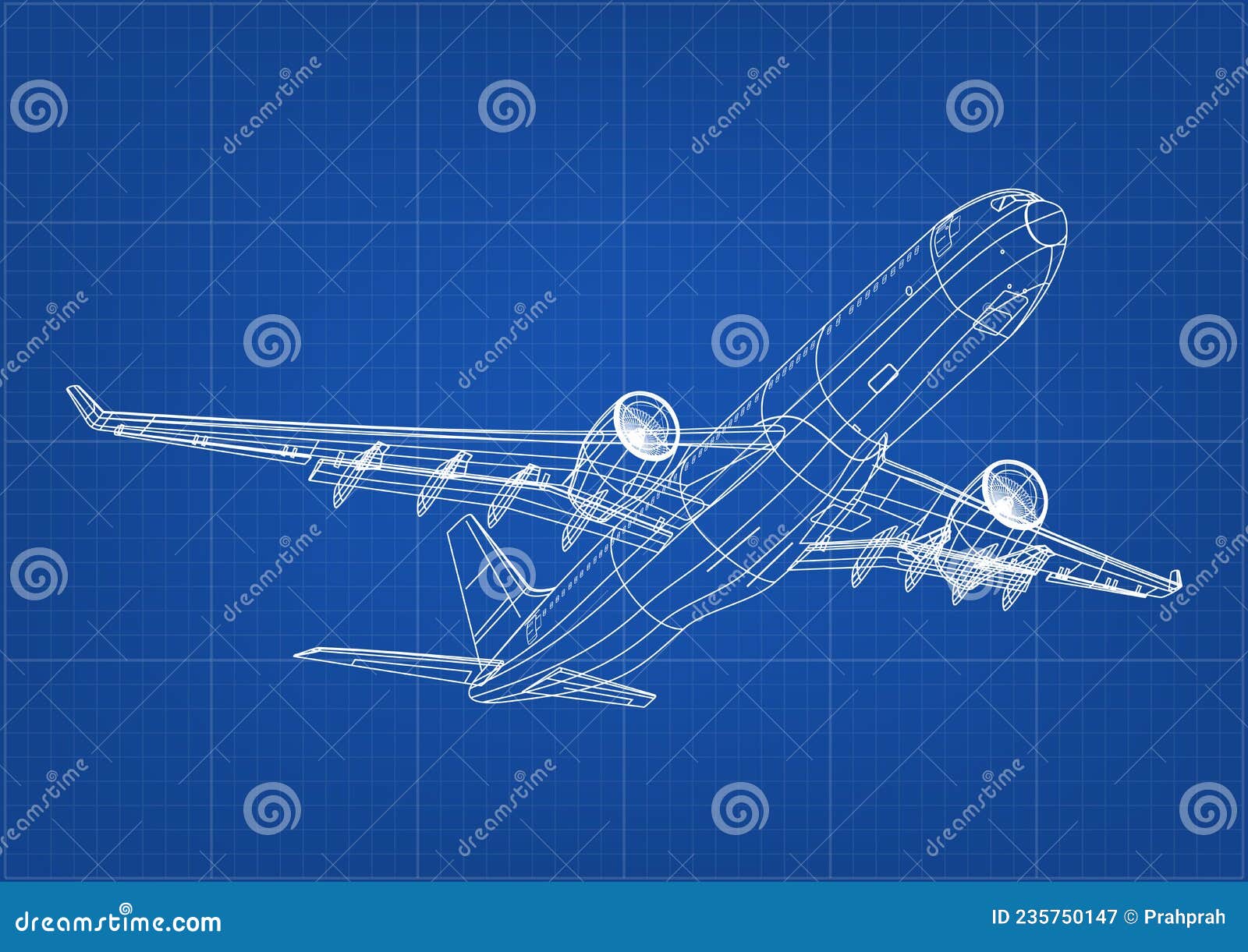 Airplane Blueprint. White Outline Aircraft on Blue Stock Vector ...