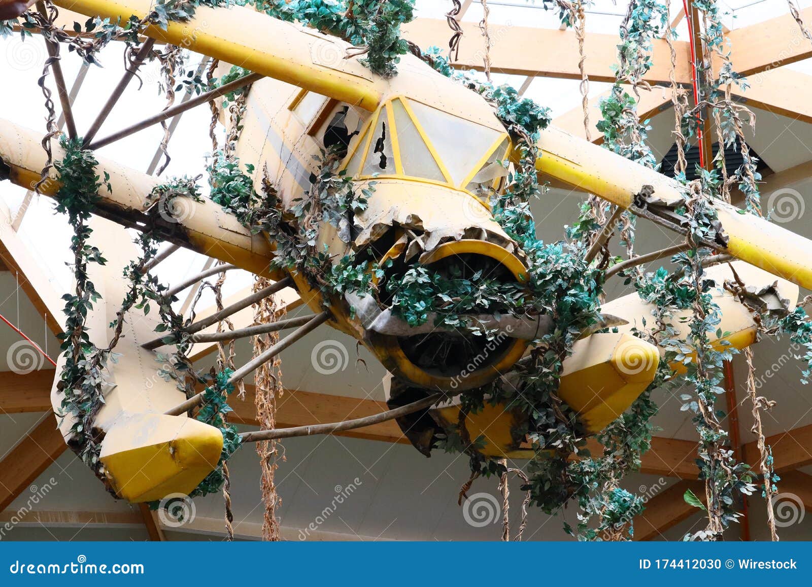 Airplane with Broken Windows Hanging from the Ceiling Stock Photo ...