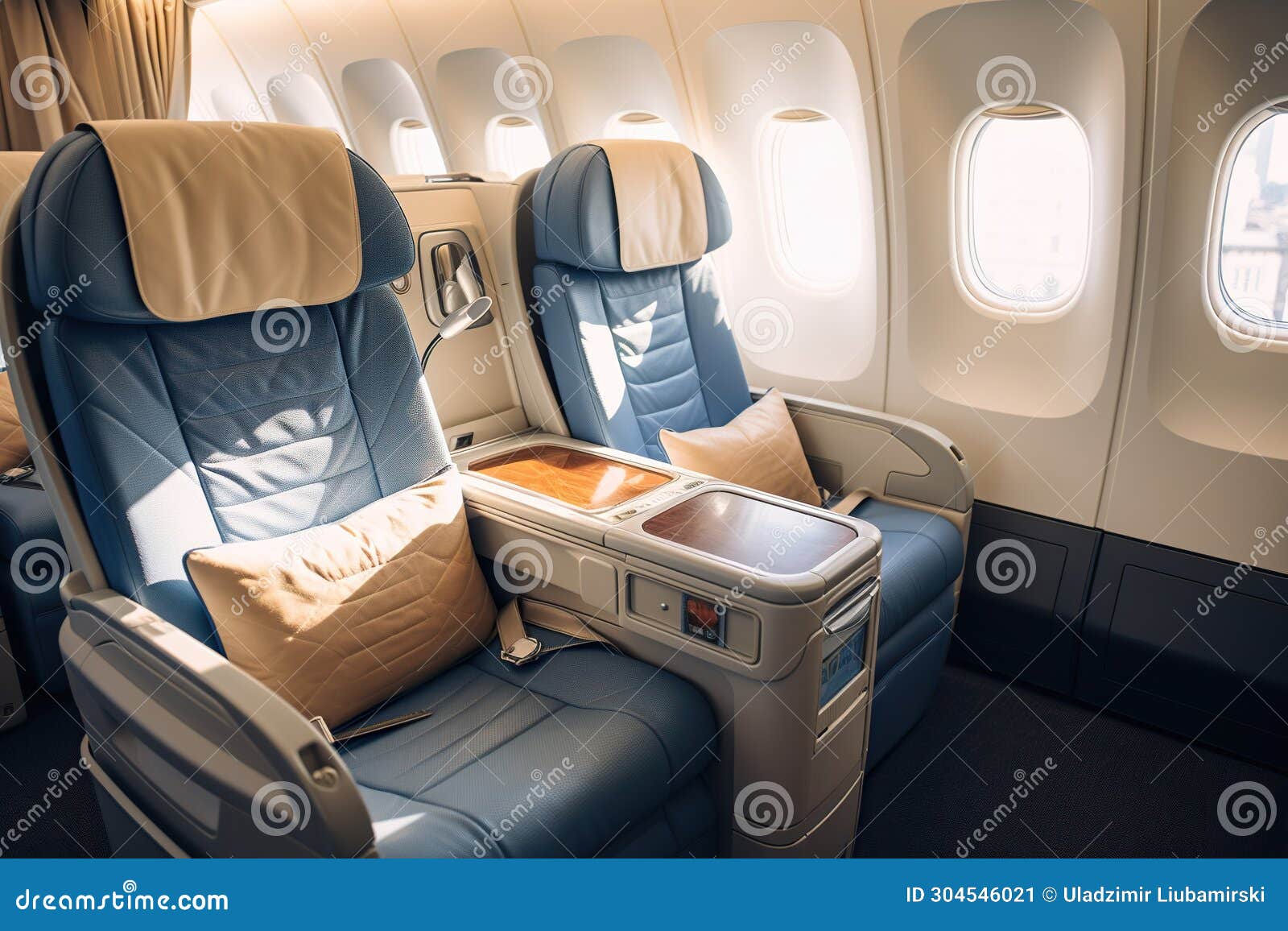 Airplane Cabin Interior with Empty Comfortable Seats in First Class ...