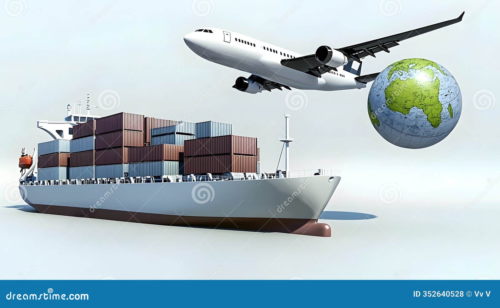Airplane and Cargo Ship Over a Globe Illustration Stock Illustration ...