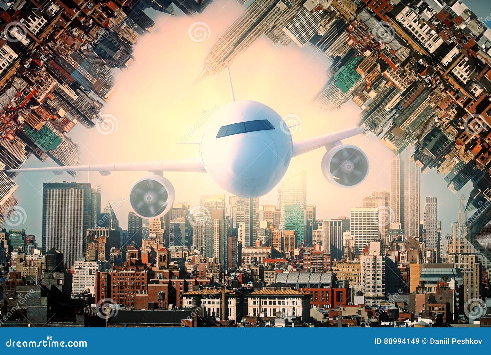 Airplane on City Background Stock Illustration - Illustration of ...