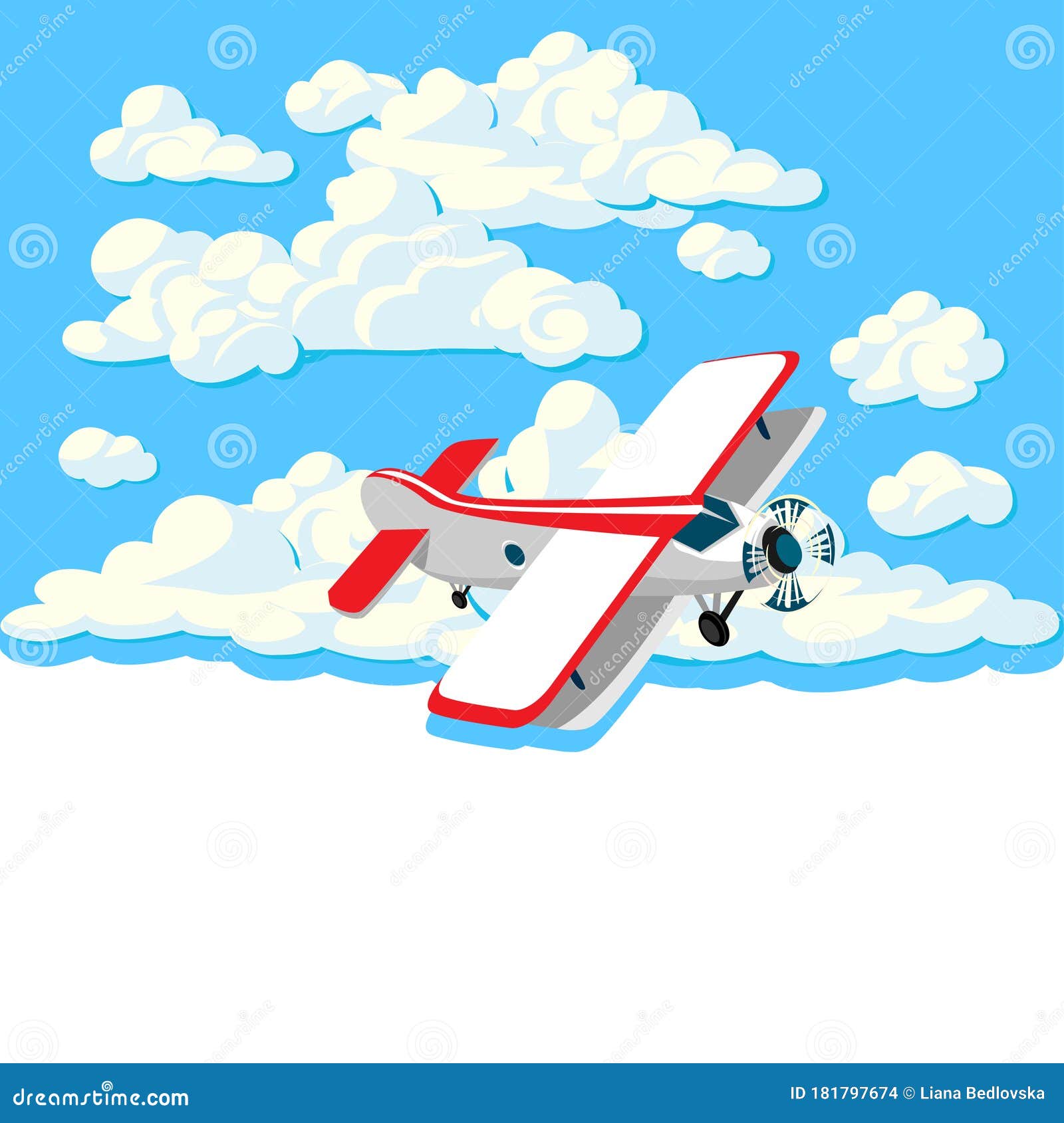 Cartoon Plane Flies on a Background of White Clouds and Blue Sky Stock ...