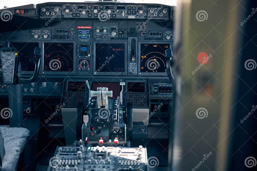 Airplane Cockpit with Control Panel and Flight Displays Stock Image ...