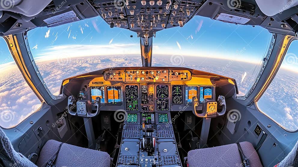 Airplane Cockpit Flying Above a Layer of Clouds at Sunset Stock Photo ...