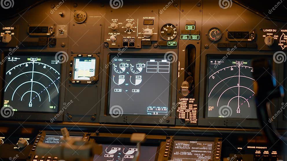 Airplane Cockpit with Flying Command on Control Panel Stock Photo ...