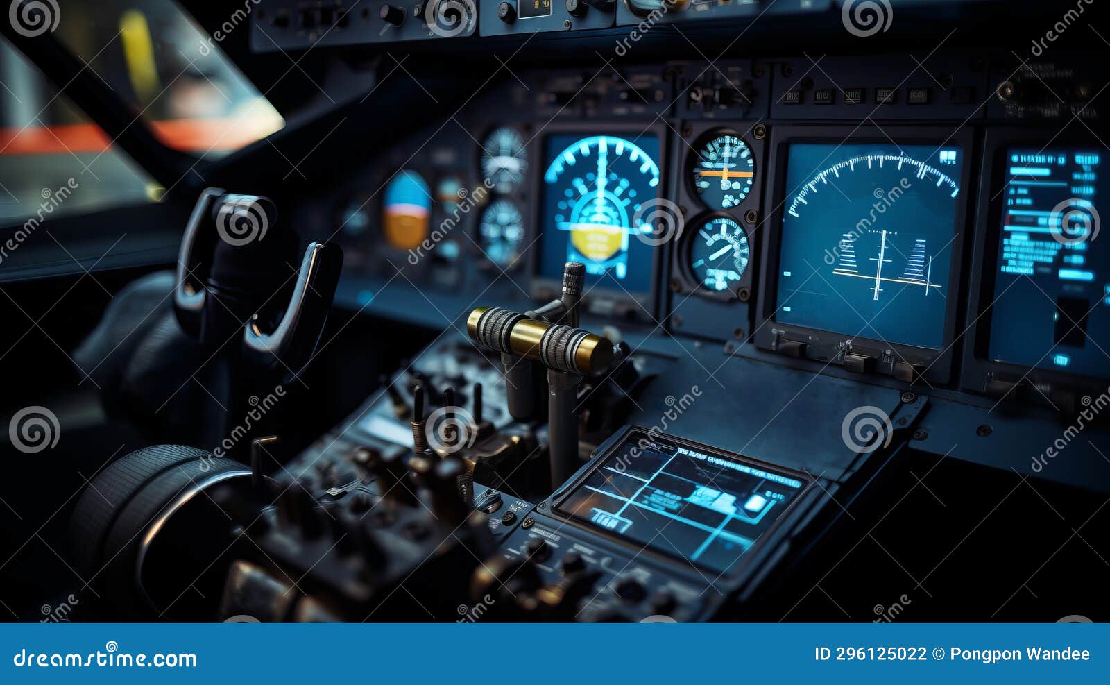 An Airplane Cockpit Illuminated With Blue And Orange Lights, Showcasing ...