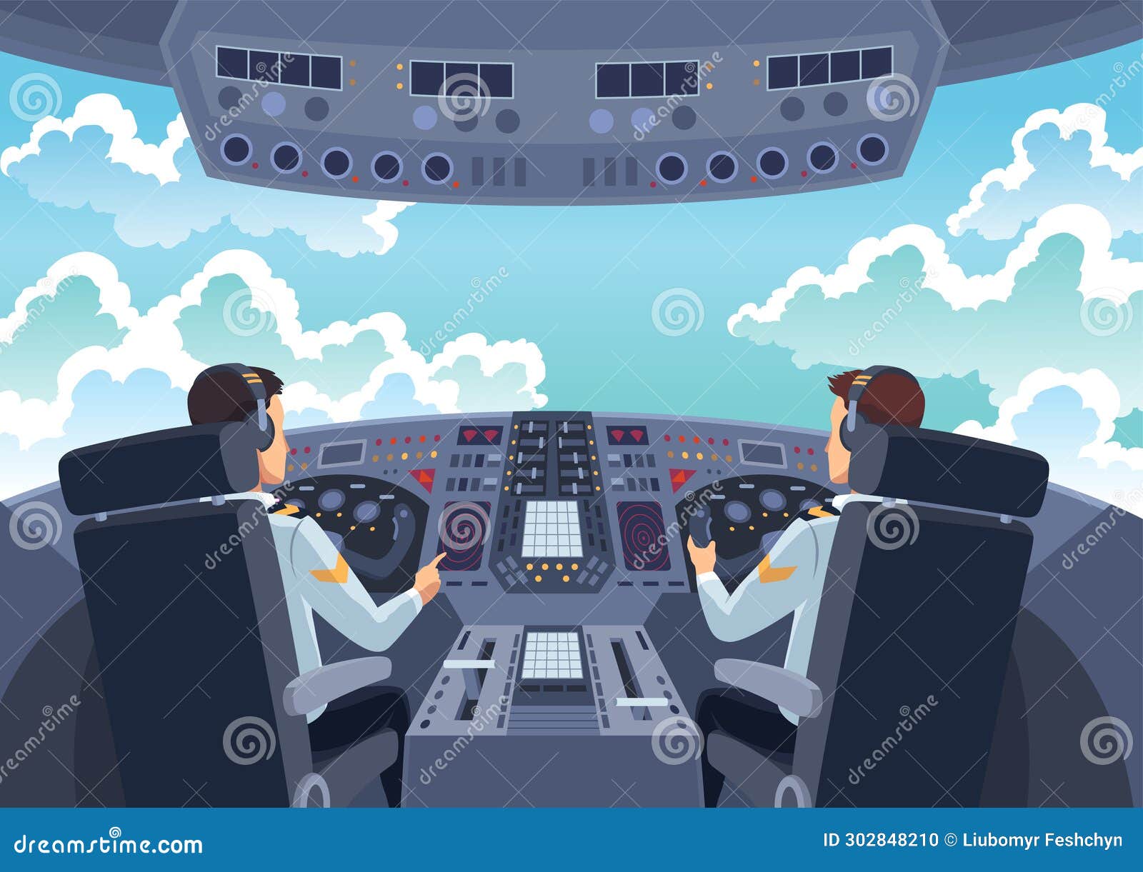 Airplane Cockpit Pilots. Back View of Cabin Crew Flying Airplane. Pilot ...