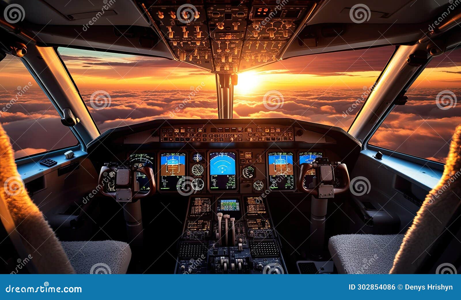 Airplane Cockpit at Sunset with Pilot S View of the Setting Sun Stock ...