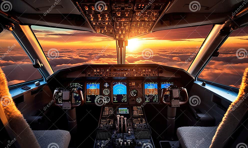 Airplane Cockpit at Sunset with Pilot S View of the Setting Sun Stock ...