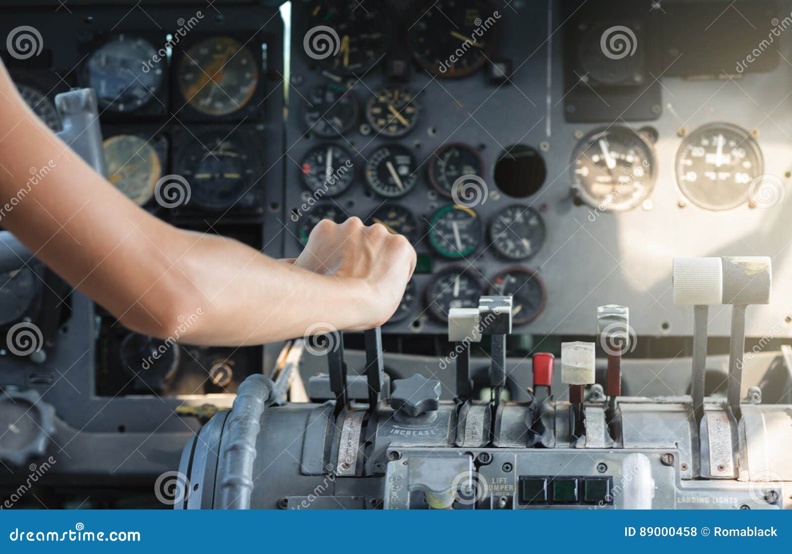 Airplane Cockpit Thrust Levers with Hand on Top for Takeoff Stock Photo ...