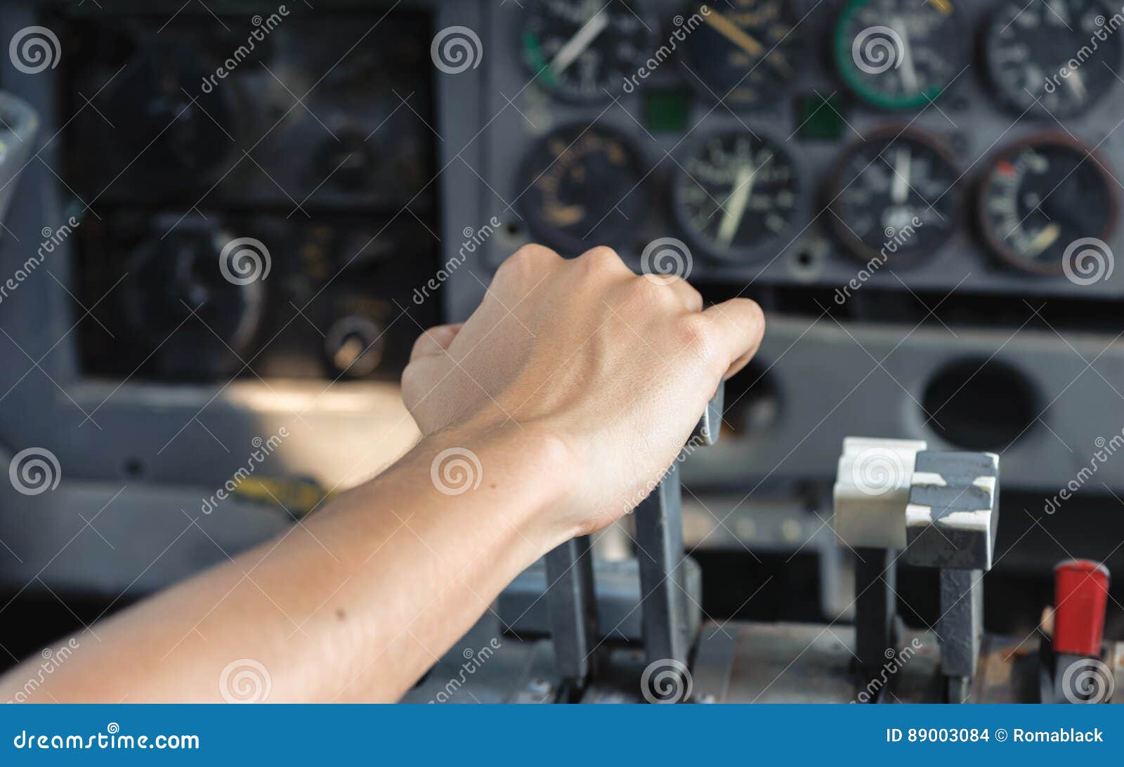 Airplane Cockpit Thrust Levers with Hand on Top for Takeoff Stock Photo ...