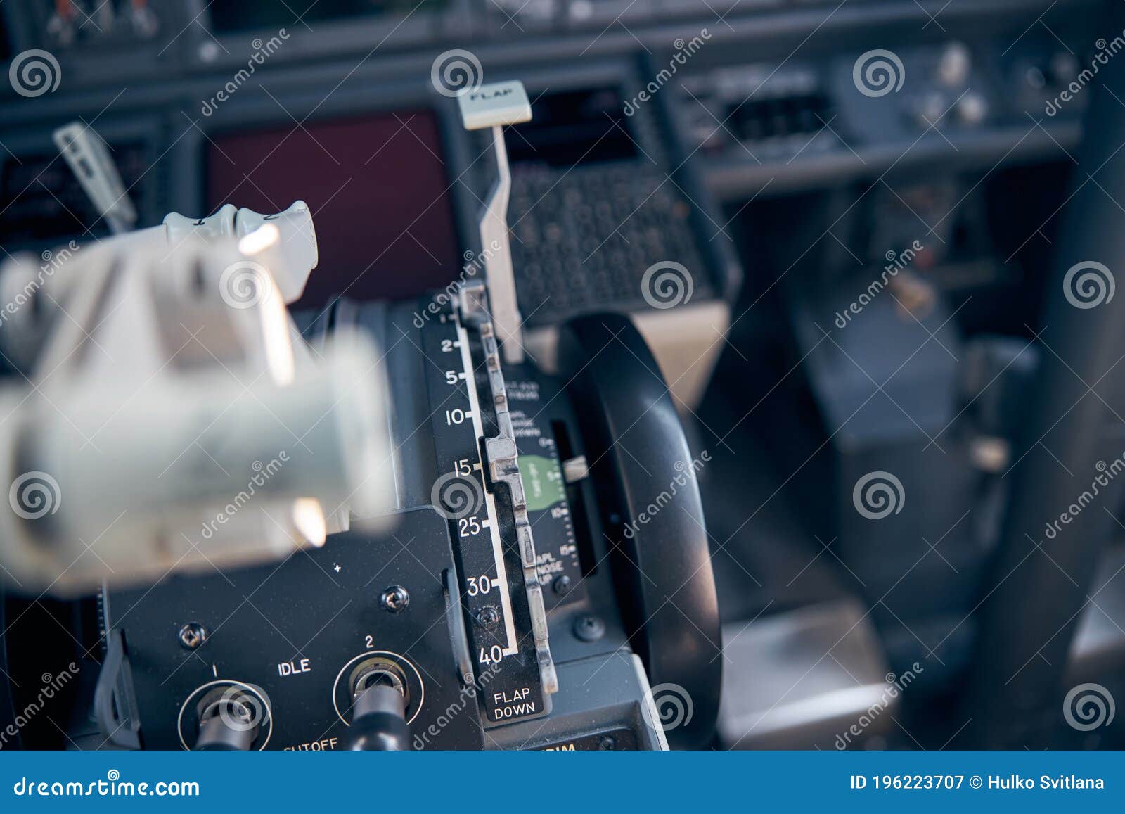 Airplane Cockpit with Thrust Levers and Instrument Panel Stock Image ...