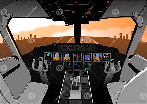 Airplane Cockpit Vector with Golden Sky View Stock Illustration ...