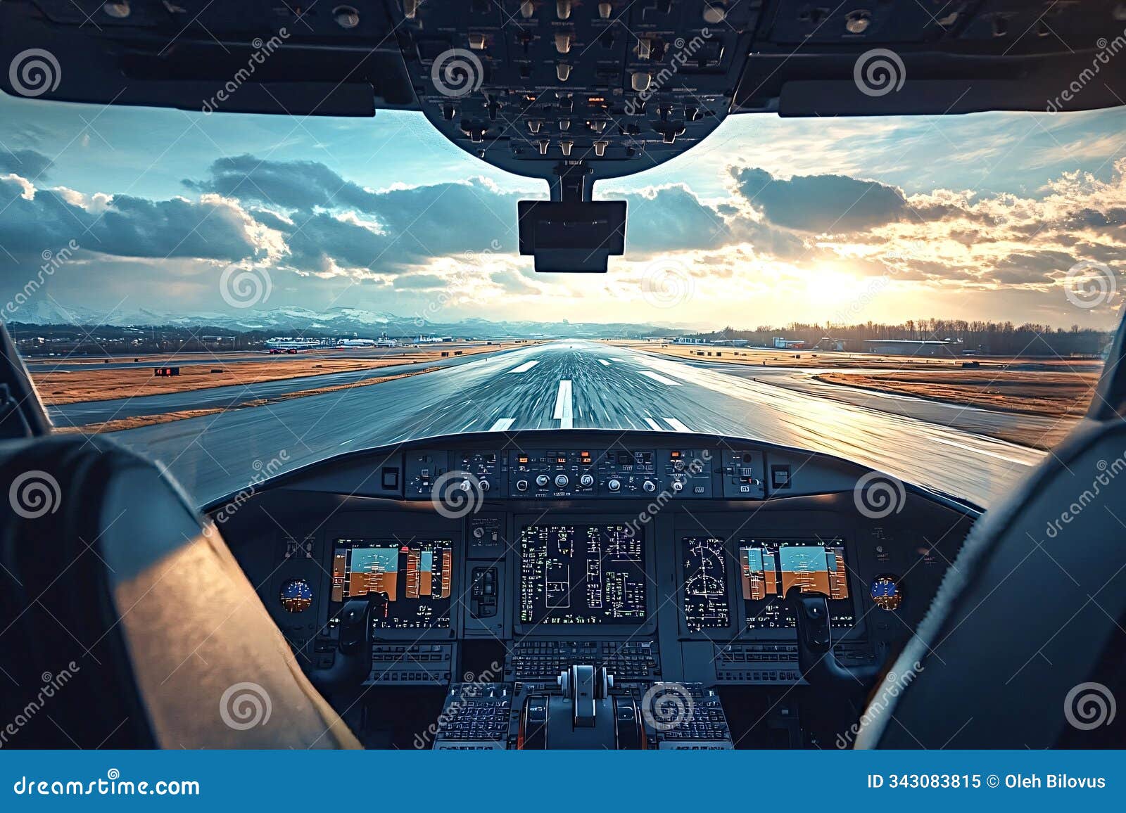 Airplane Cockpit View during Landing on Runway at Sunset Stock Image ...