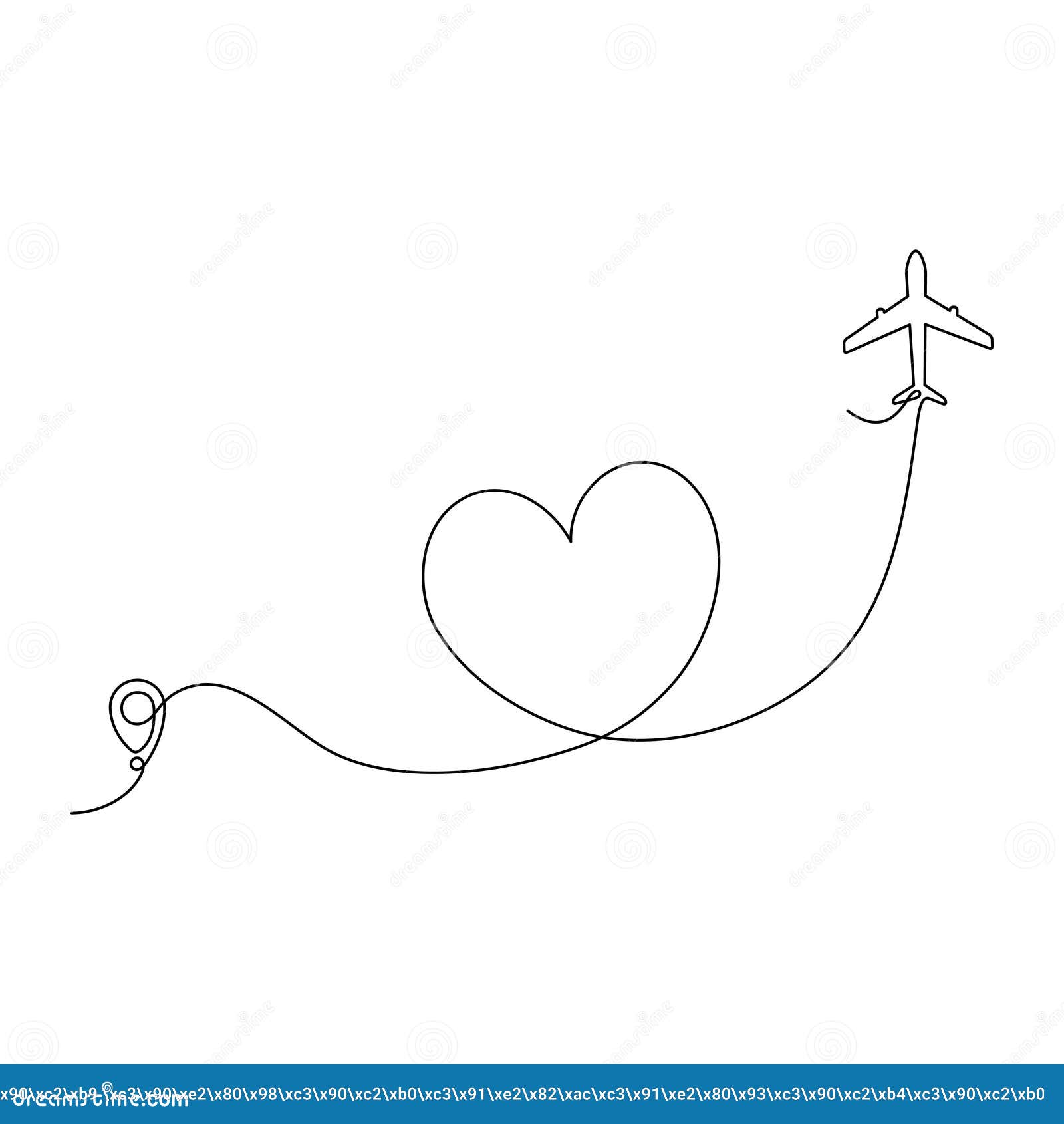 Airplane Continuous Line Drawing with Map Pin Pointer in Heart Shape ...
