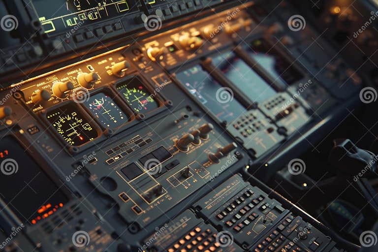 Airplane Cockpit Control Panel Showing Flight Data during Flight Stock ...