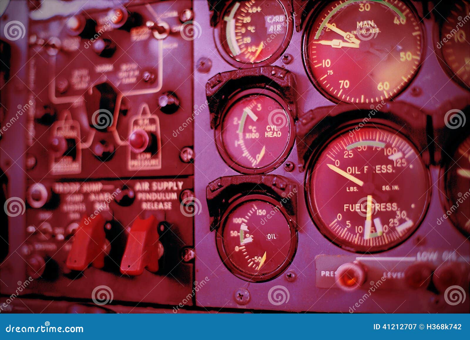 Airplane Dashboard. Control Clocks In Red Tone Stock Photo ...