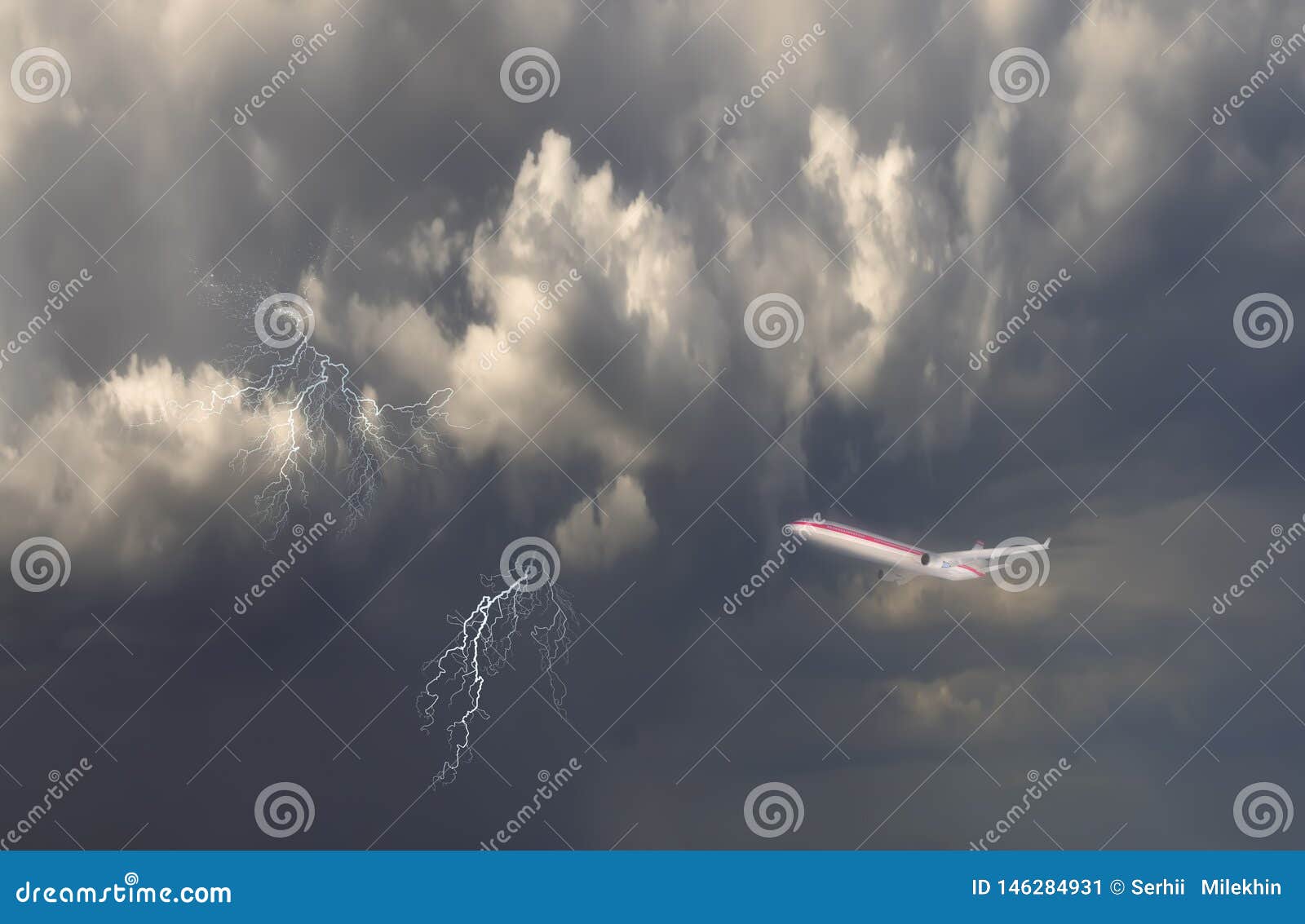 Airplane with Dramatic Sky and Lightning Flying at Bad Weather Stock ...