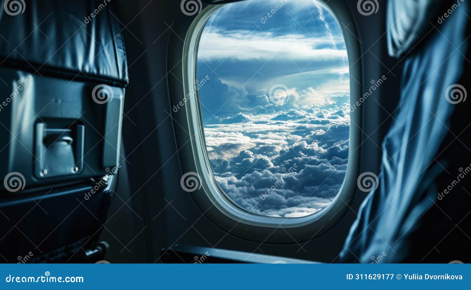 Airplane Empty Window Seat in a Business Class . Sky View on White-blue ...