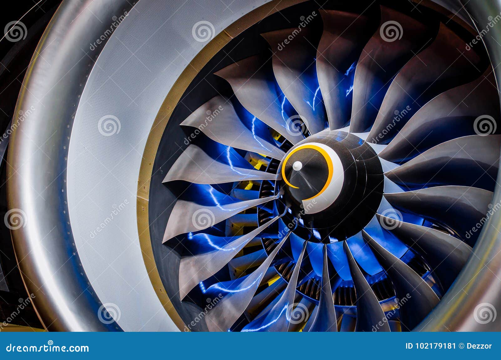 Airplane Engine and Blades with Blue Backlight Illumination Close Up ...