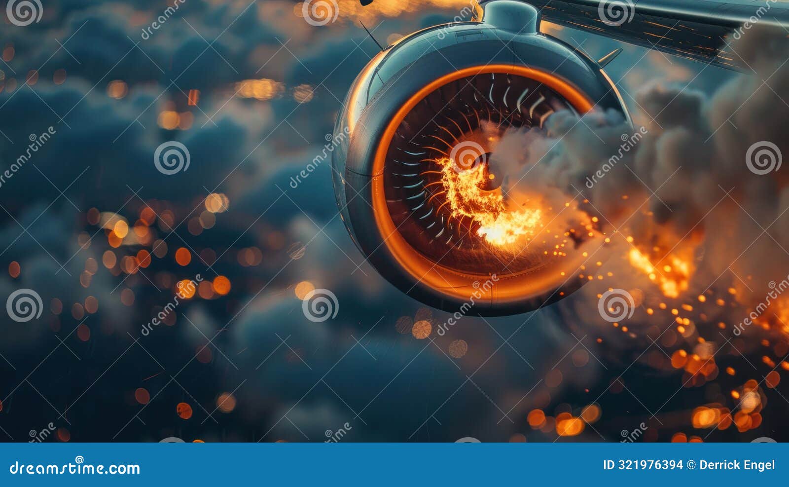 Airplane Engine on Fire Amidst Dramatic Clouds Stock Illustration ...