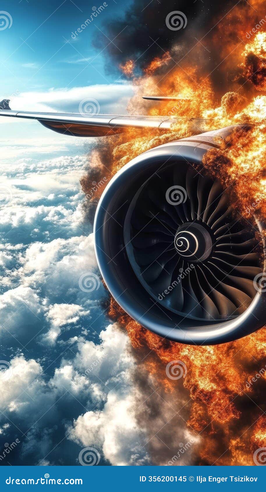 Airplane Engine Fire in Flight Aviation Incident, Dramatic Sky ...