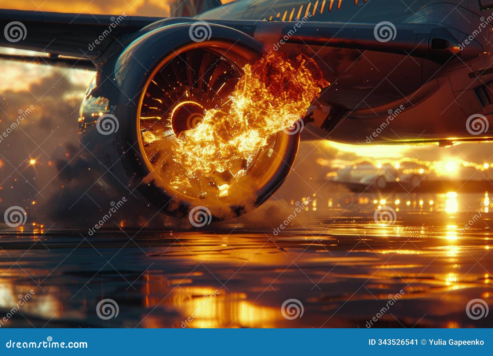 Airplane Engine Fire on Runway during Daylight Hours Stock Image ...