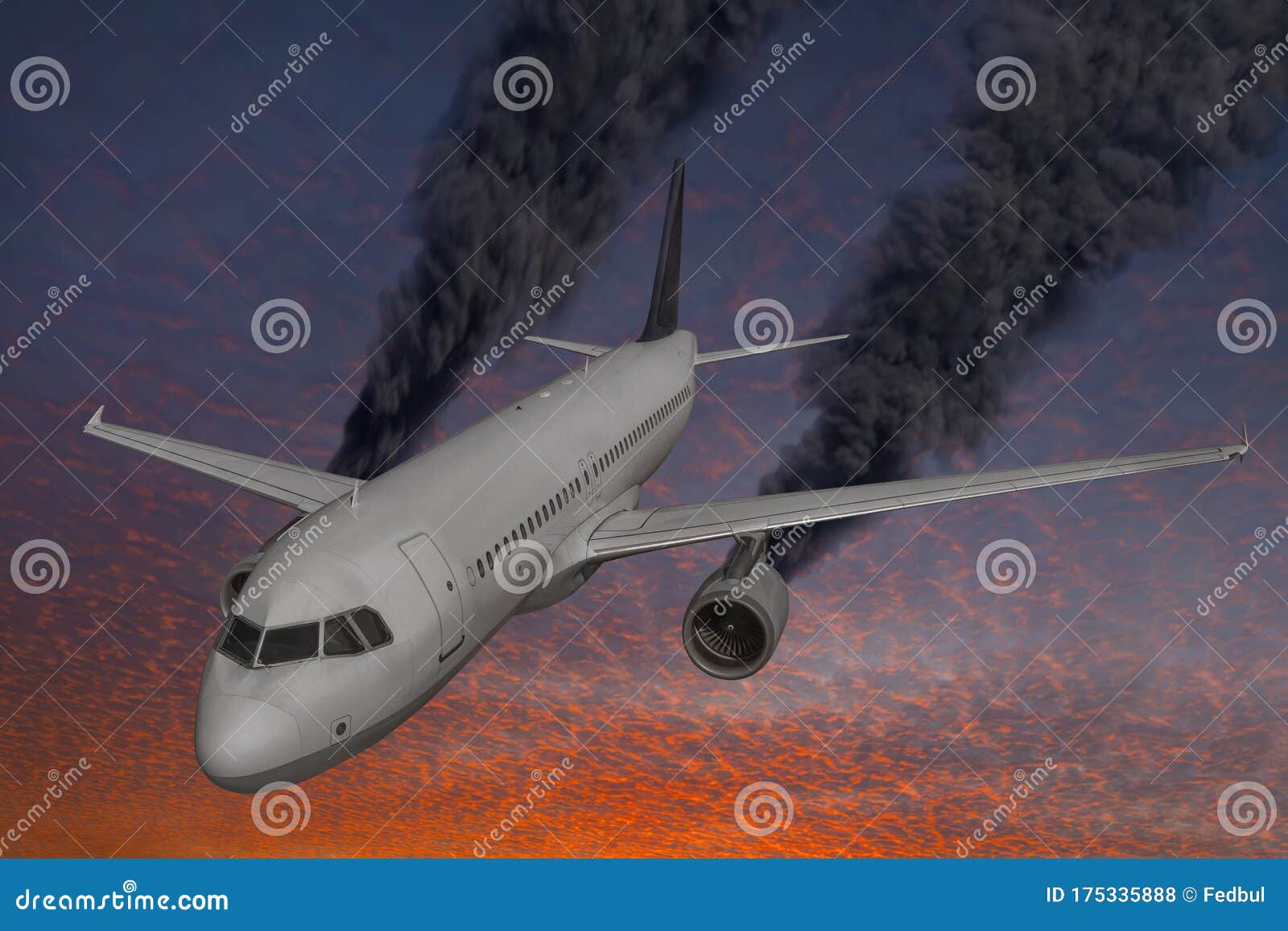 Airplane with Engine on Fire and Smoke before Crash in Dramatic Sunset ...