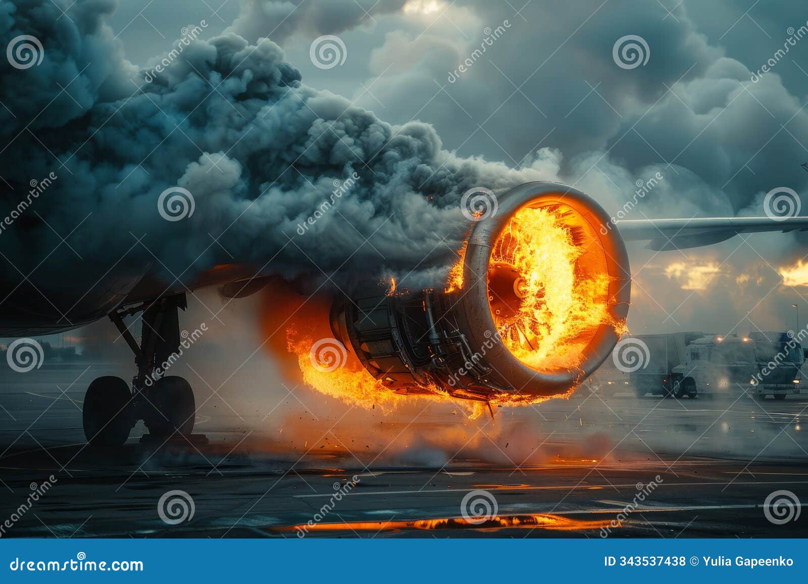 Airplane Engine Fire during Takeoff on Rainy Runway Stock Photo - Image ...