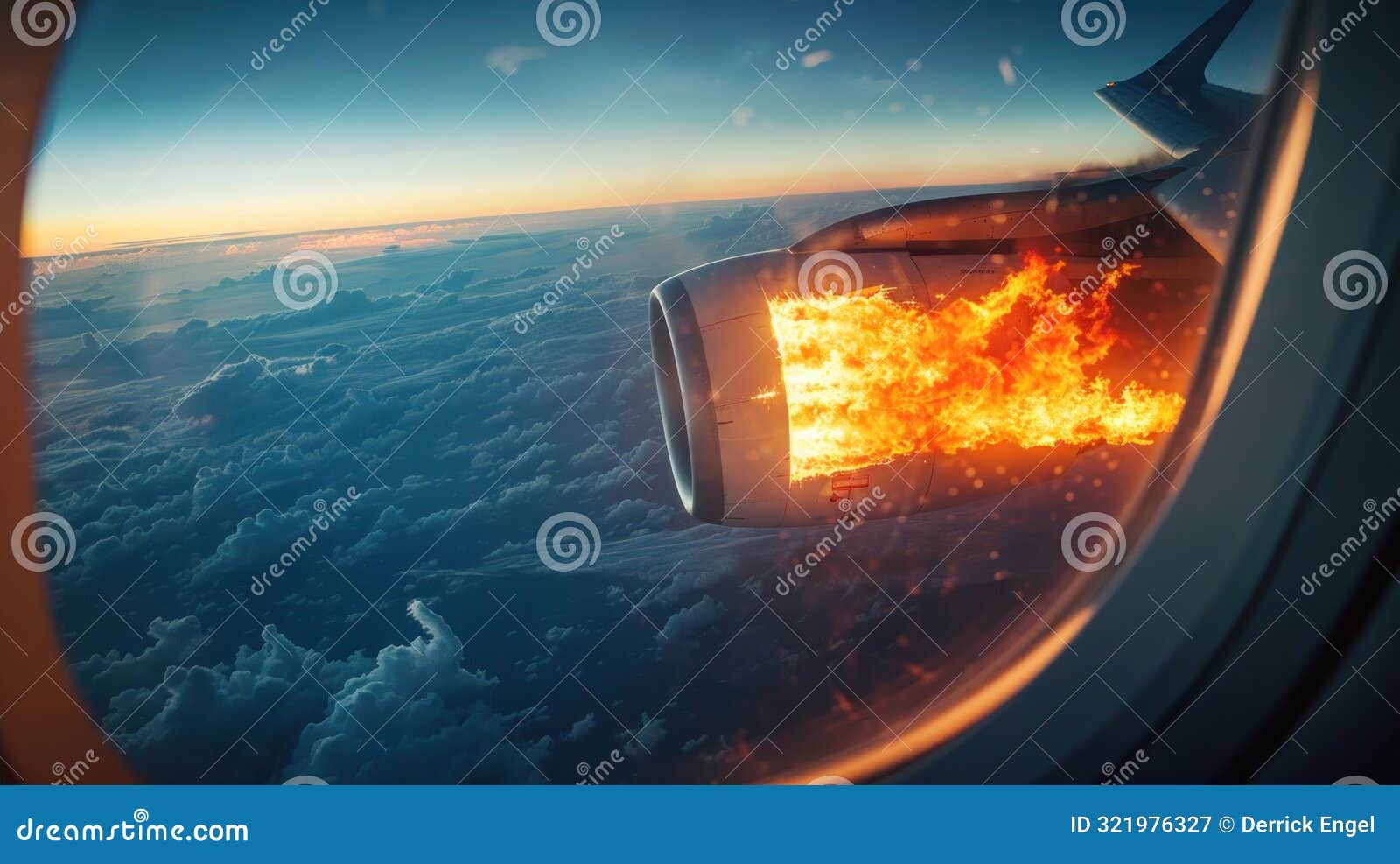 Airplane Engine on Fire Viewed from Passenger Window at High Altitude ...