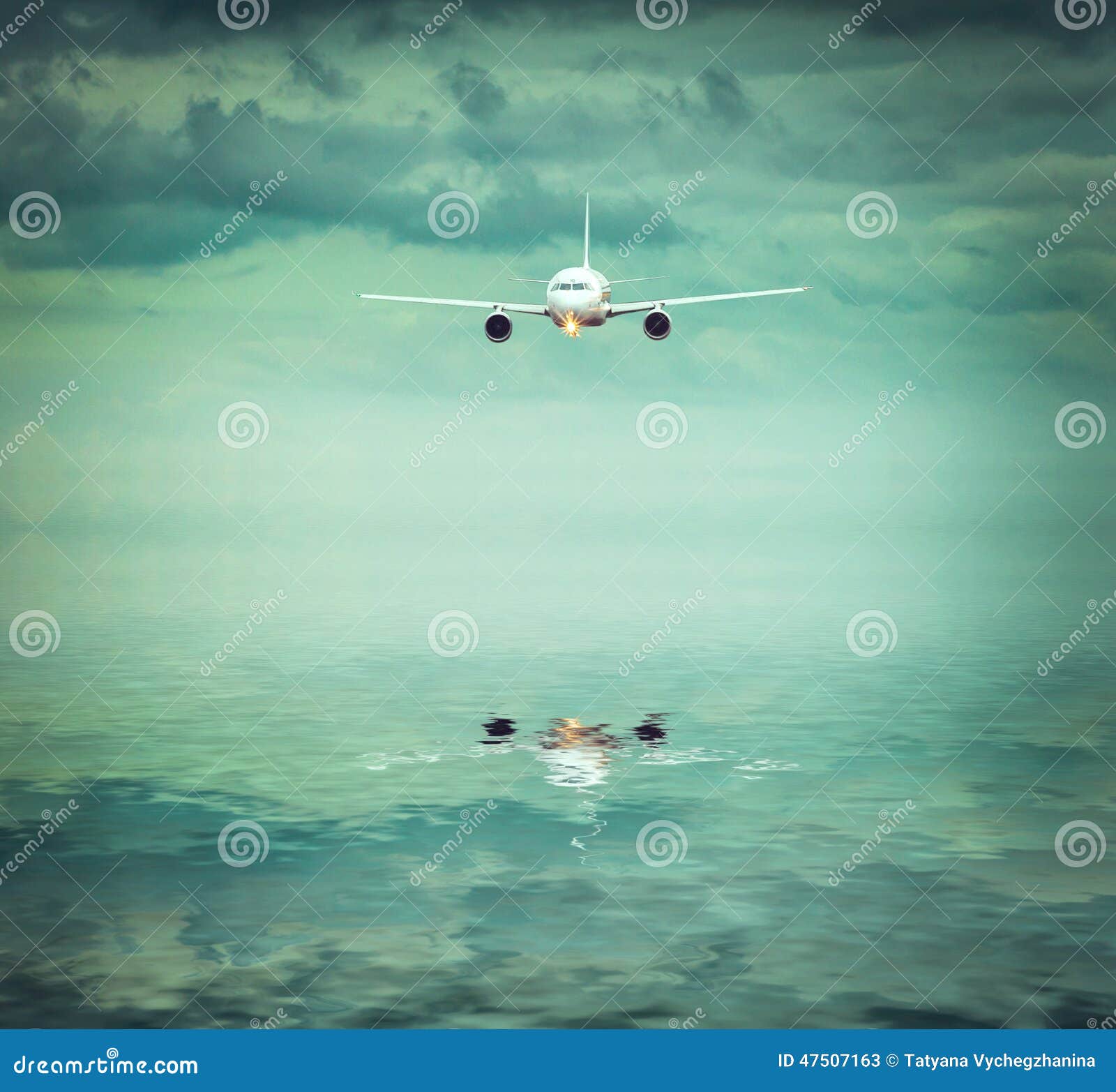 Airplane into Evening Sky with Reflection Stock Image - Image of ...