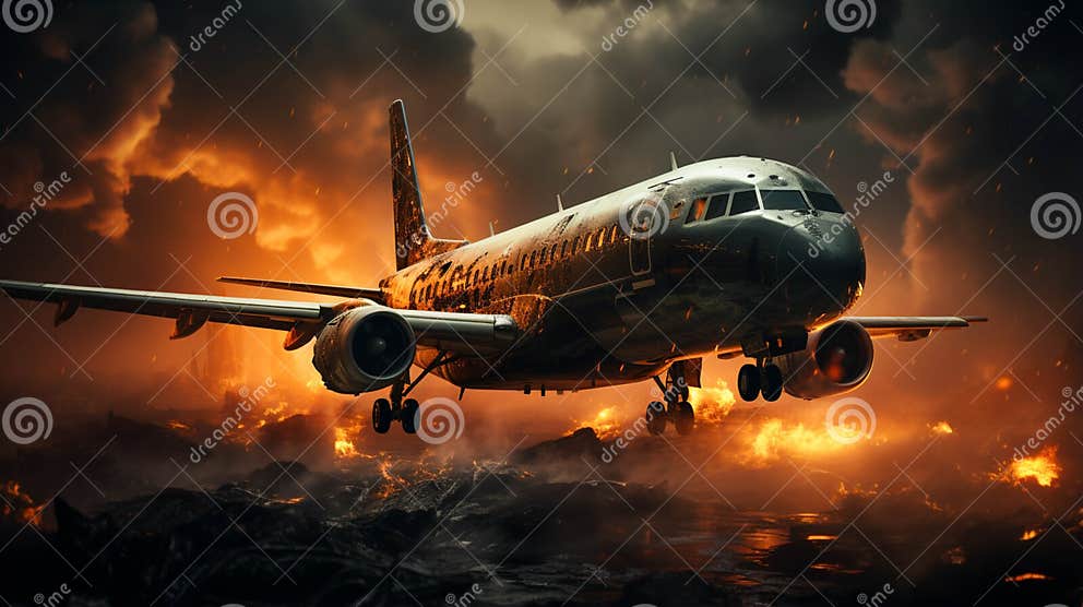 Airplane Exploration with Smoke and Lightning Background Stock Image ...