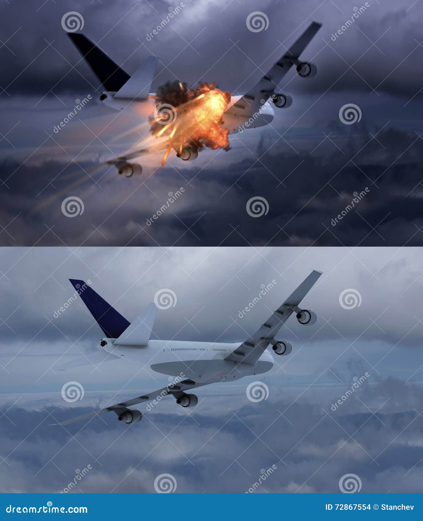 Airplane explosion stock illustration. Illustration of accident - 72867554