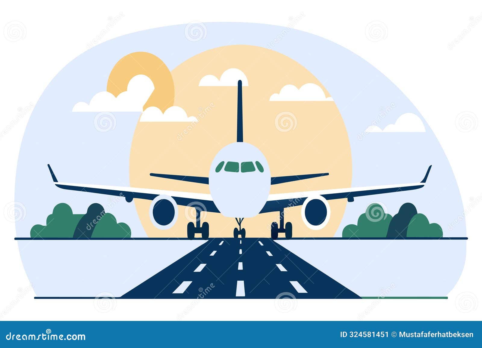 Airplane Facing Forward on Runway with Sunset in the Background Stock ...