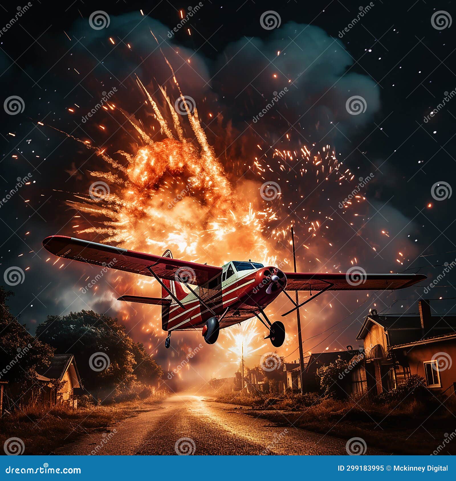 Airplane Taking Off with an Explosion Behind it at Night. Stock ...