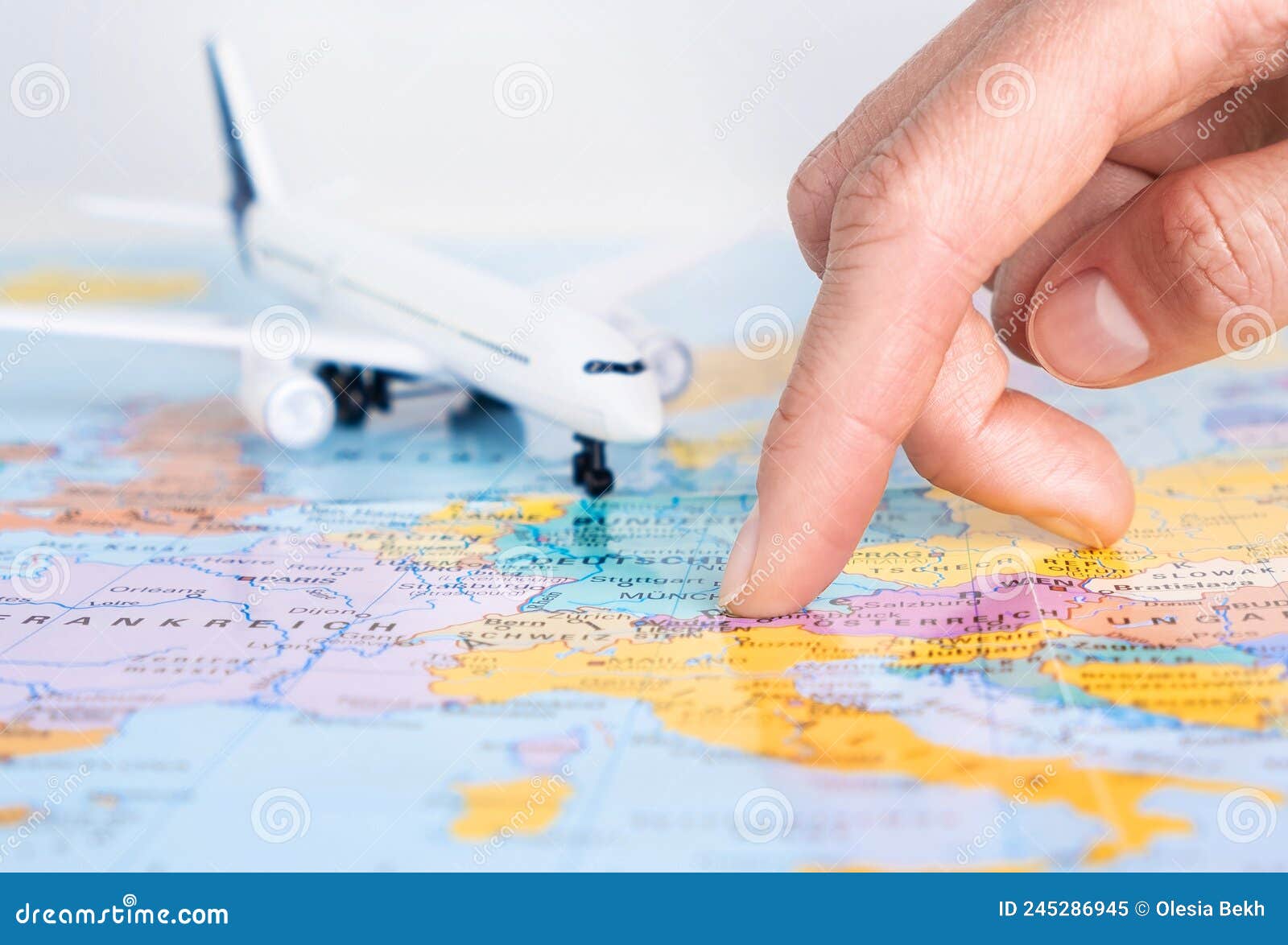 Airplane and Finger Pointing at Map. Flight, Travel Concept Stock Image ...
