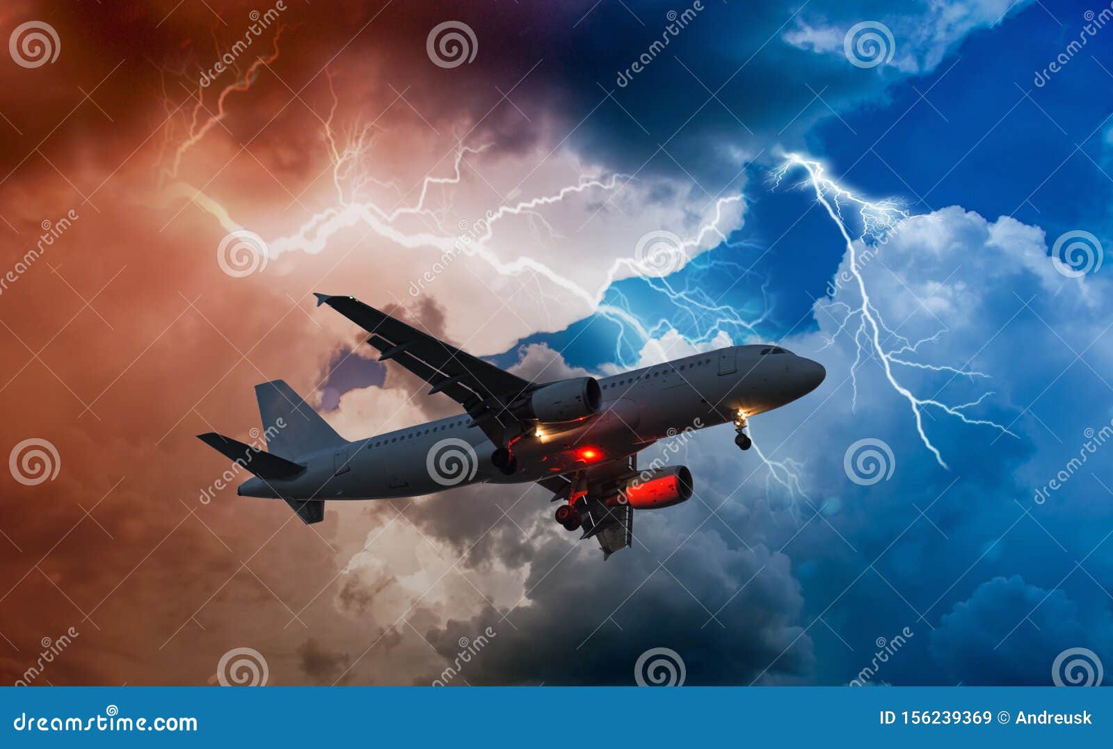An Airplane Flies in Bad Weather and Storm with Lightning Bolt Stock ...