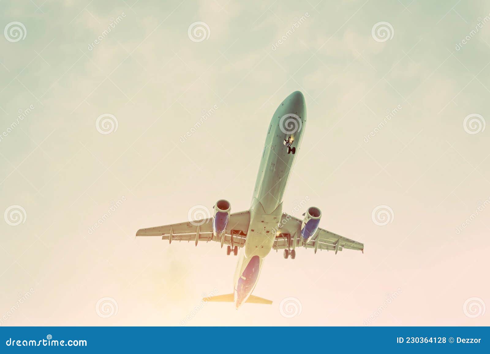 Airplane Flies Close Overhead with Bright Light Stock Photo - Image of ...