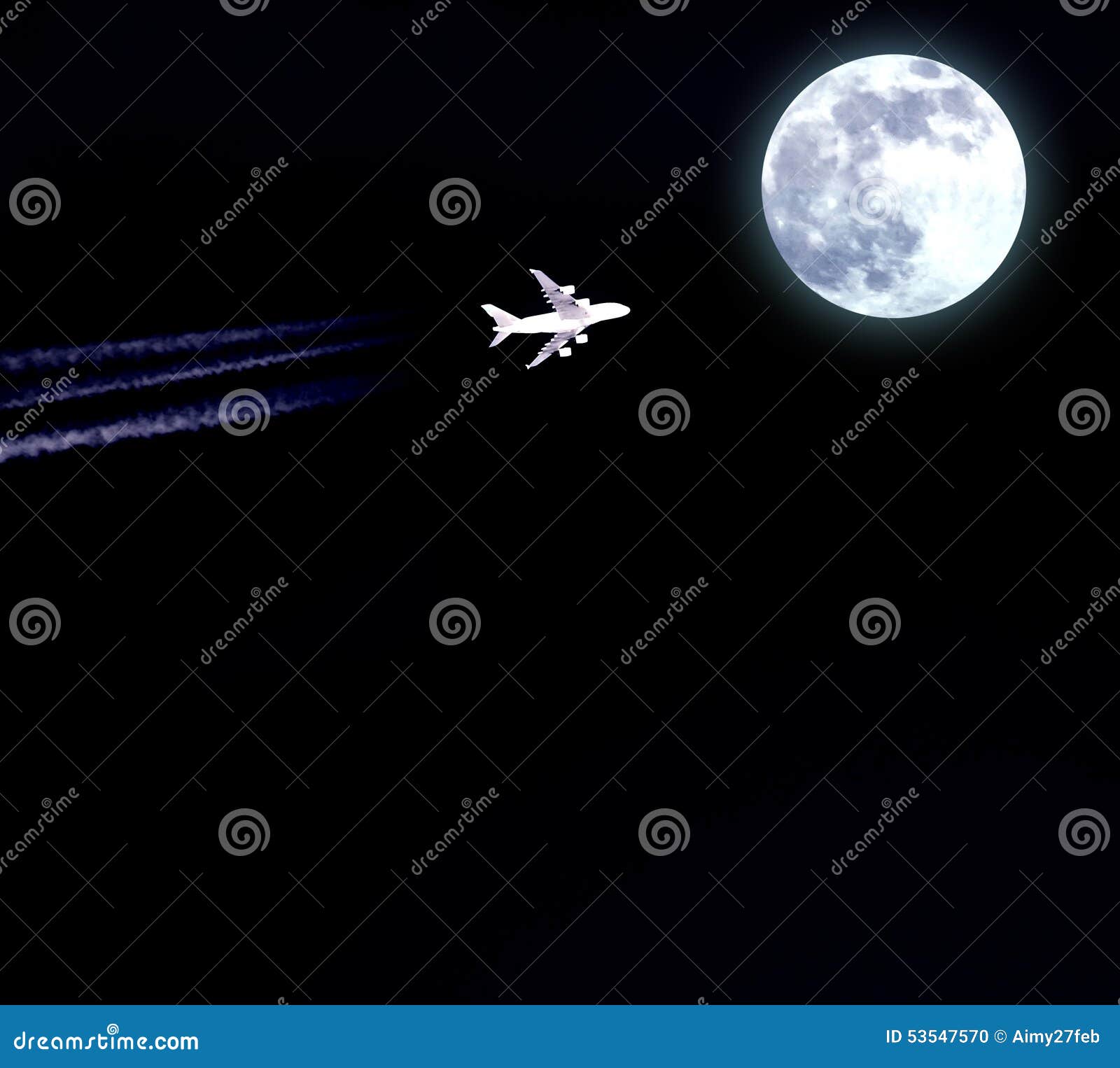 Airplane Flies in Direction Moon at Night Stock Photo - Image of vapor ...
