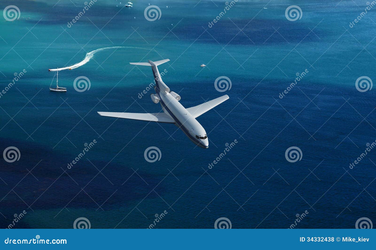 Airplane flies over a sea stock photo. Image of environment - 34332438