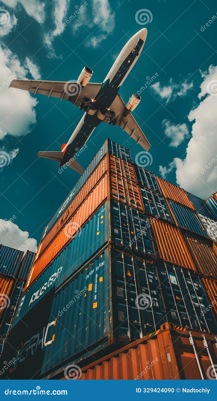 An Airplane Flies Over a Stack of Shipping Containers in the Sky Stock ...