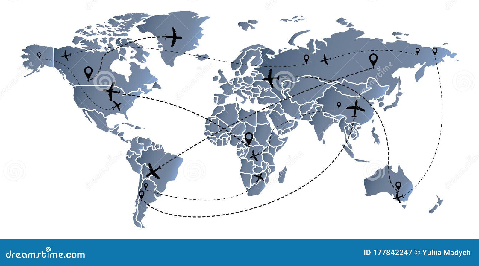 Airplane Flight Route on World Map. Linear Flight of the Aircraft with ...