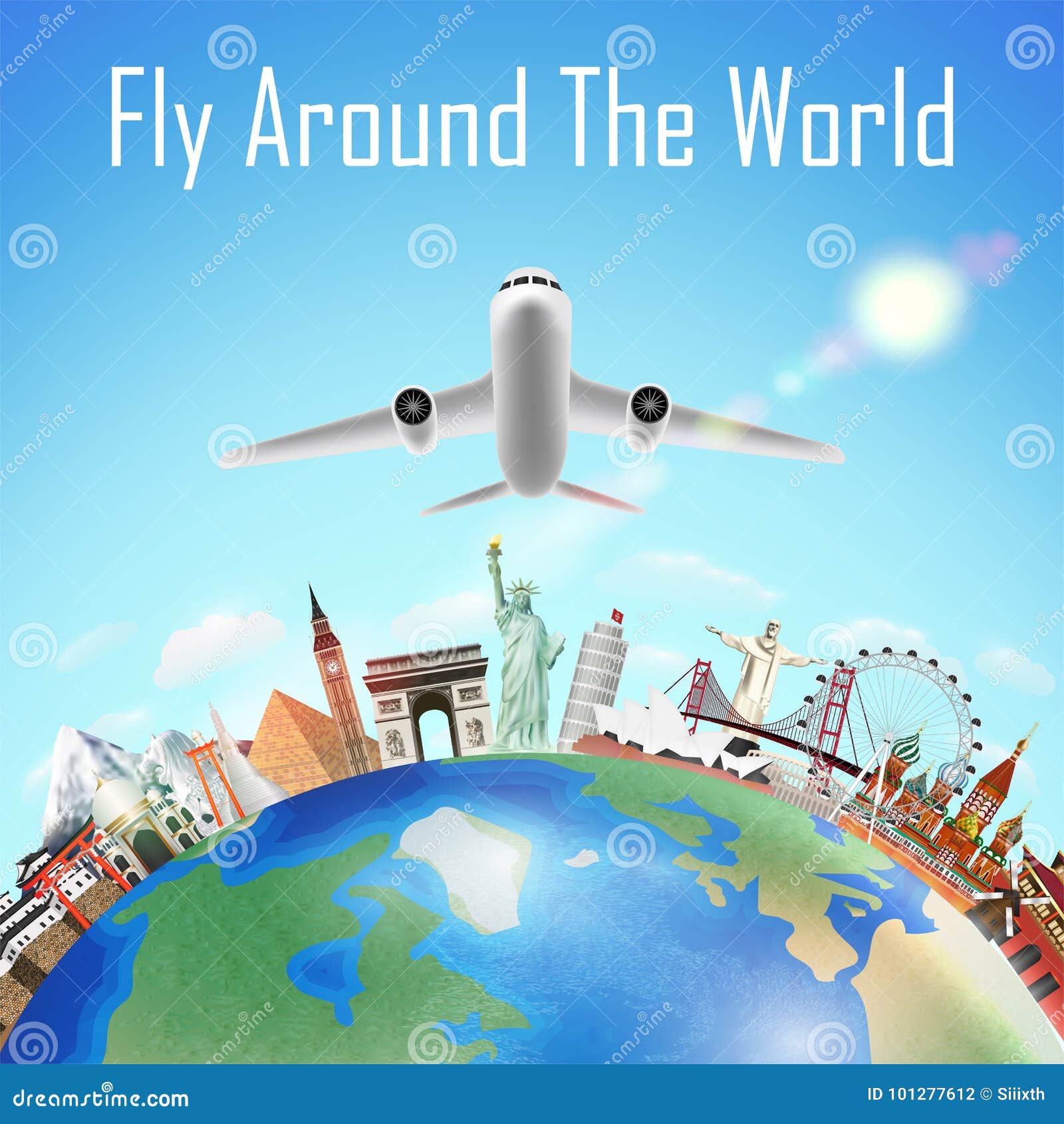 Airplane Fly Around the World with World Landmark Stock Vector ...