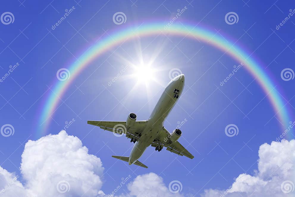 An Airplane Fly Over the Rainbow Stock Photo - Image of icon, aircraft ...