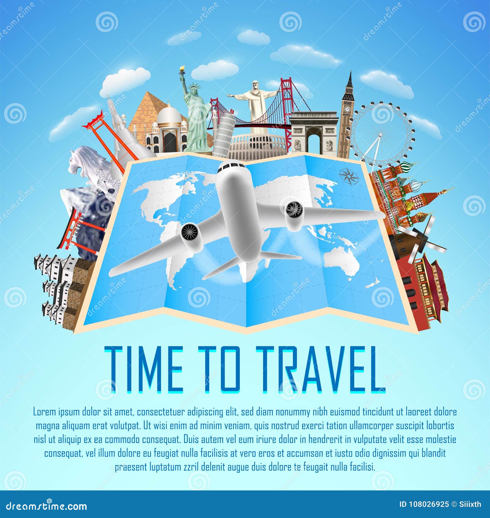 Airplane Fly Over World Map with World Landmark Stock Vector ...