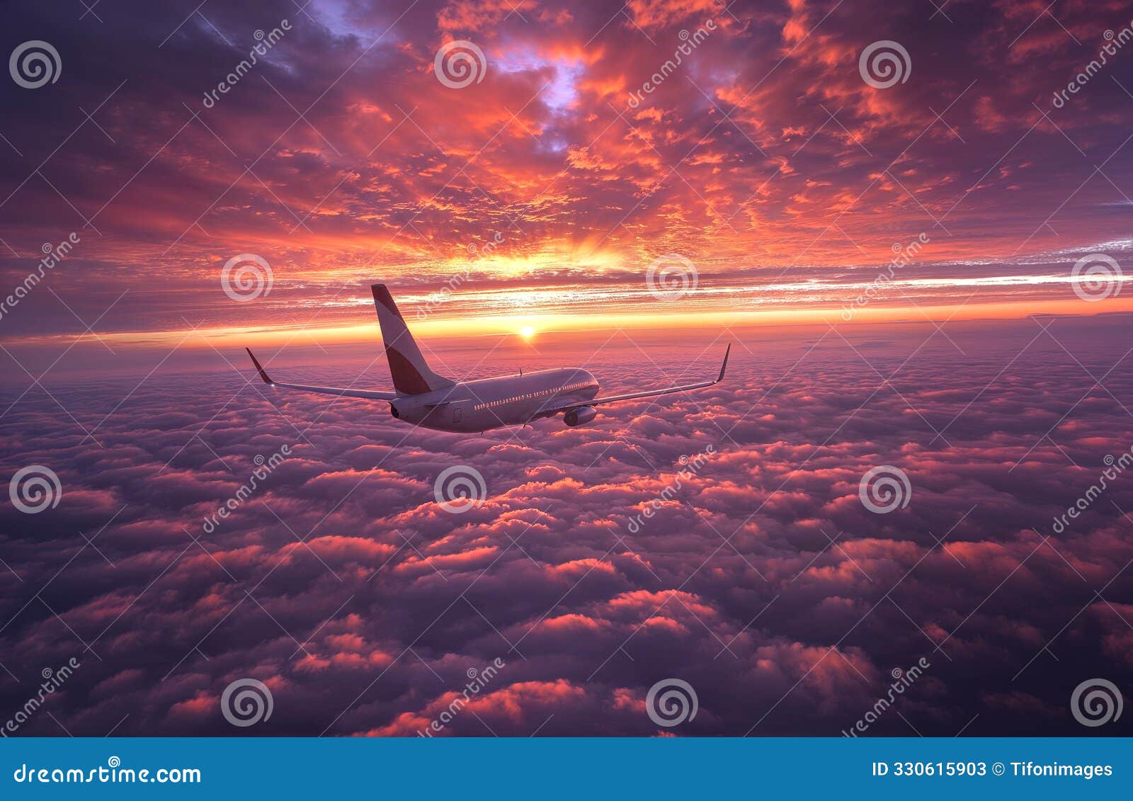 Airplane Flying With Wings Spread And Engines Visible Against Blue ...