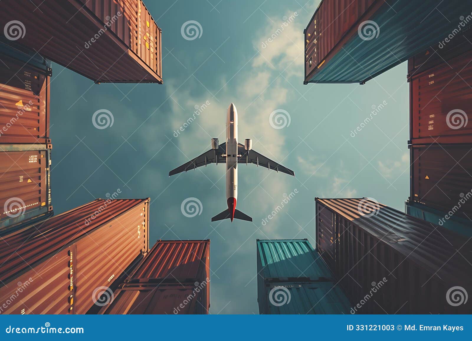 Airplane Flying Above Container Depo. Container Ship for Import and ...