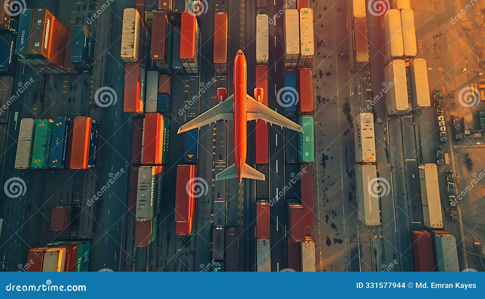 Airplane Flying Above Container Depo. Container Ship for Import and ...
